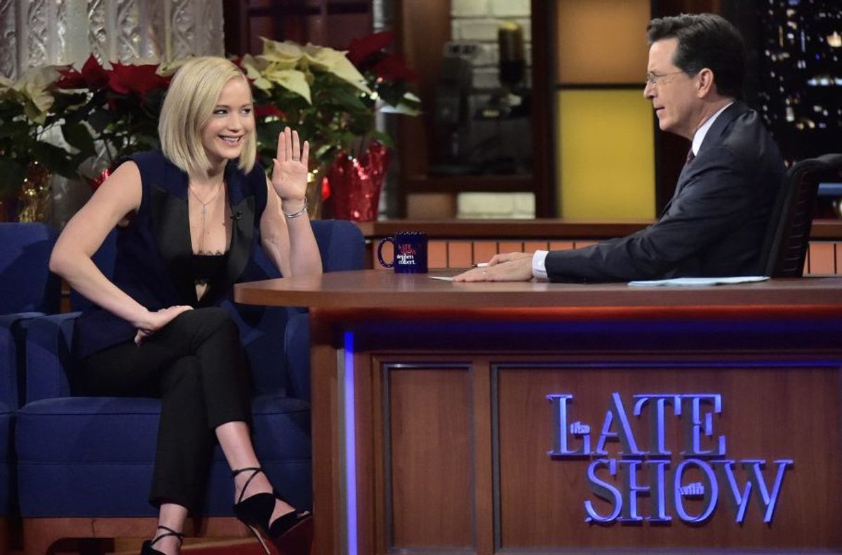 Jennifer Lawrence Drinks Rum with Stephen Colbert on The Late Show ...